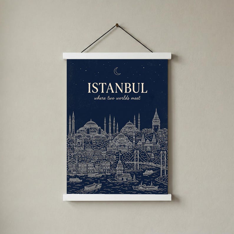 Istanbul City Line Art Print, Vintage Bosphorus Skyline Turkish Decor ...