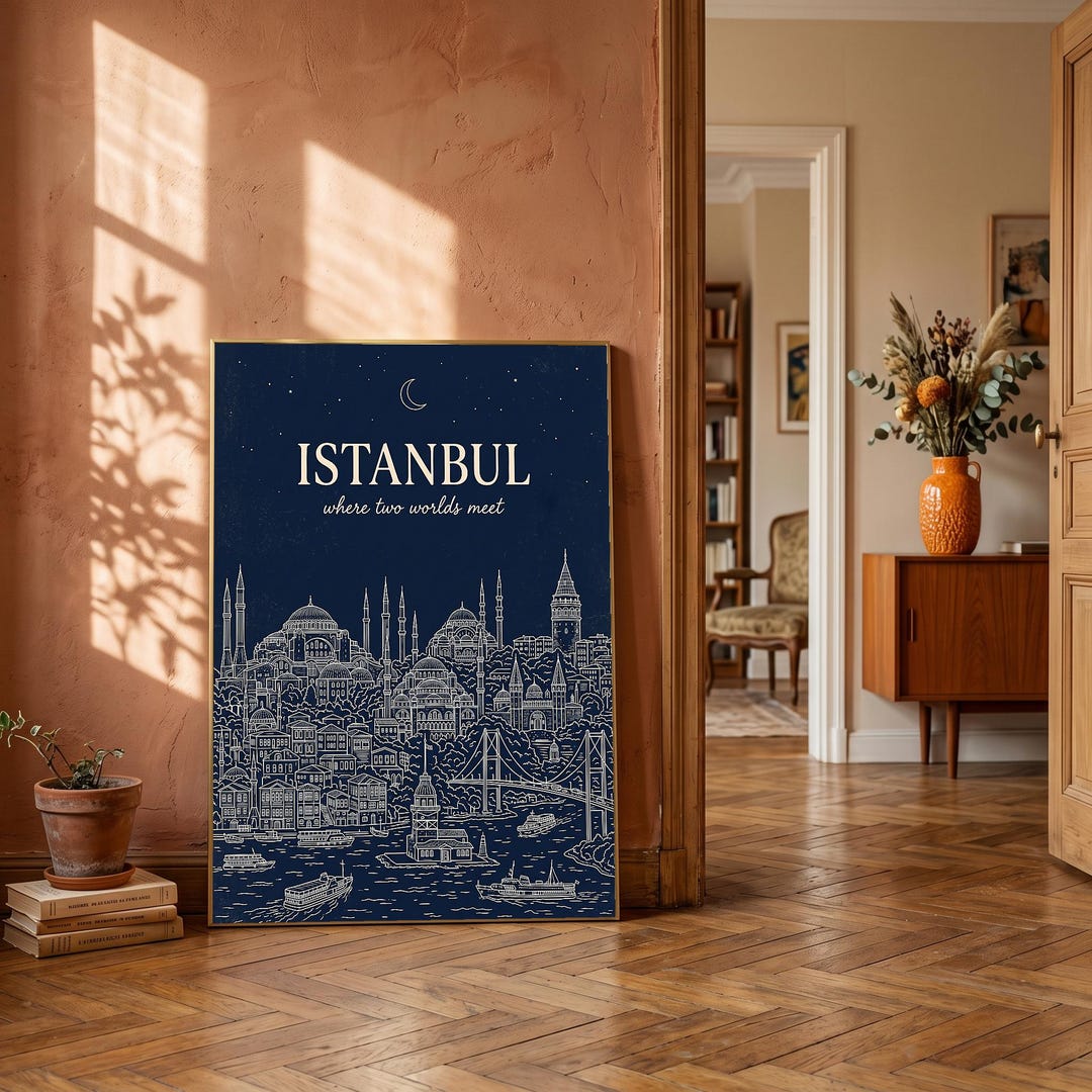 Istanbul City Line Art Print, Vintage Bosphorus Skyline Turkish Decor ...