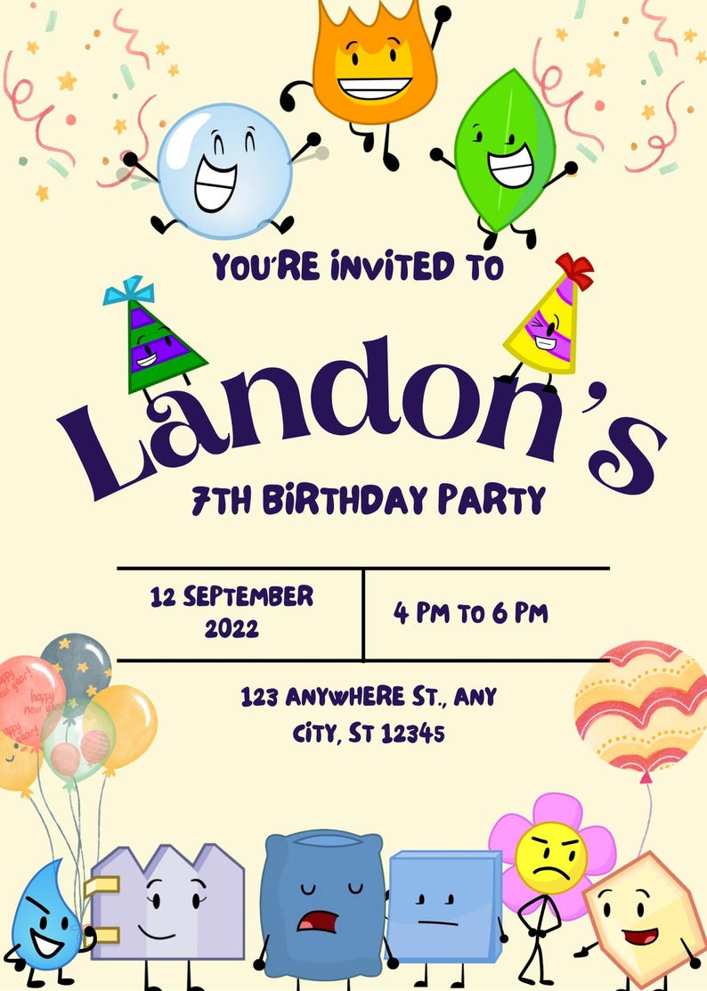 Invitación digital BFDI para fiesta de cumpleaños, invitación ...