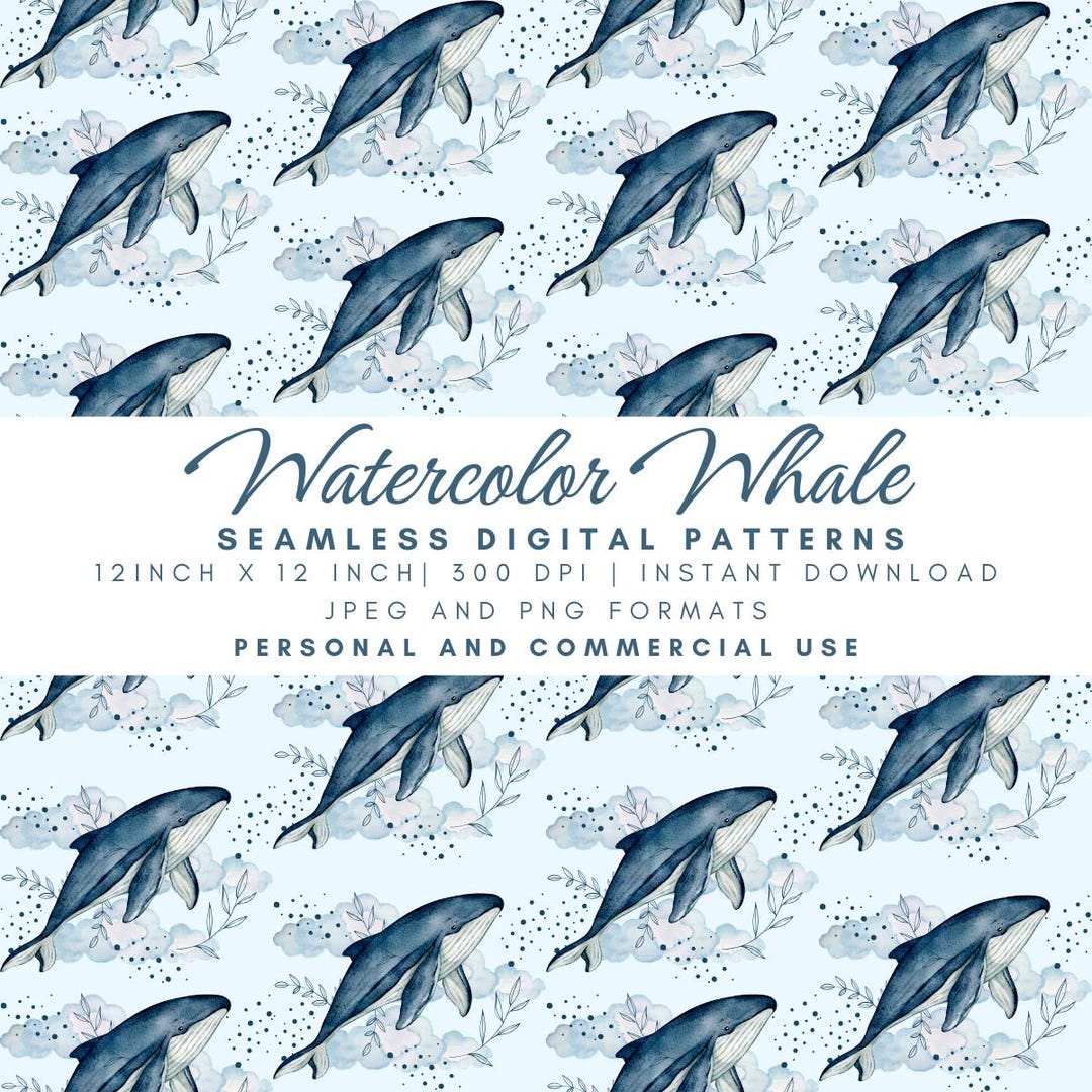 Watercolor Whale Seamless Pattern, Blue Ocean Nursery Digital Paper ...