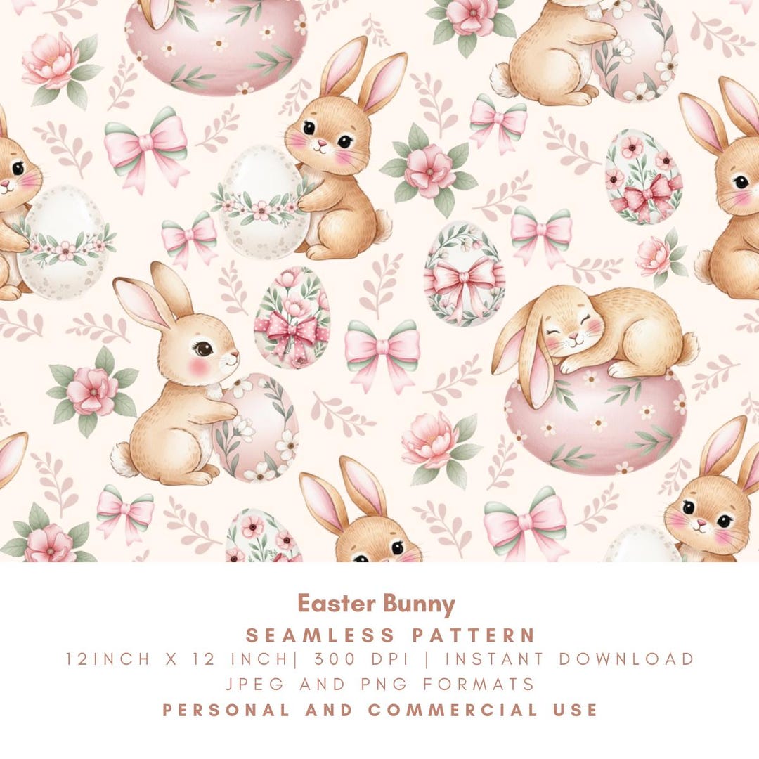 Easter Bunny Seamless Pattern, Floral Egg Digital Paper, Pink Spring ...