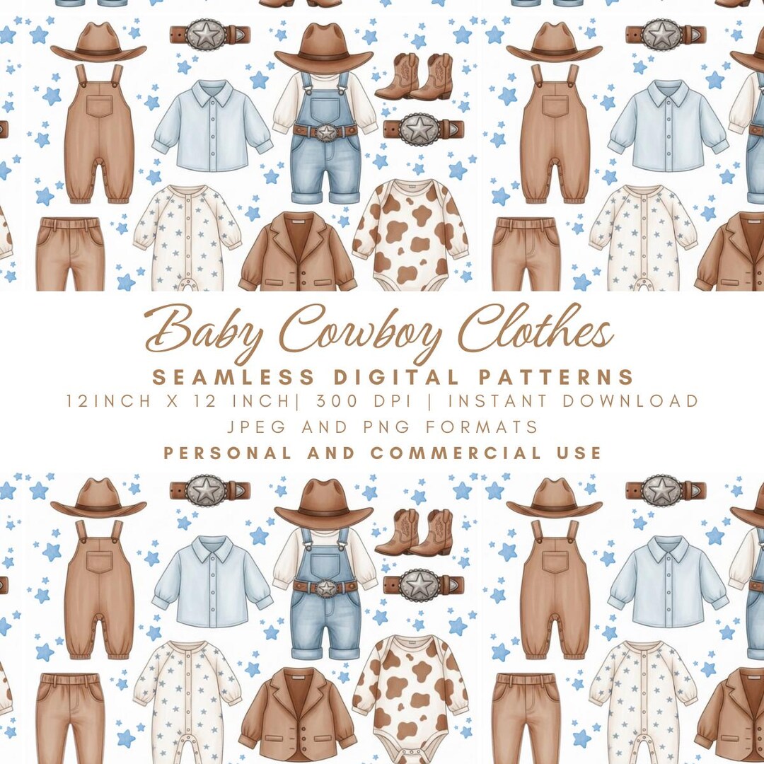 Baby Cowboy Clothes Seamless Pattern, Western Nursery Digital Paper, Cute Denim Overalls Fabric ...