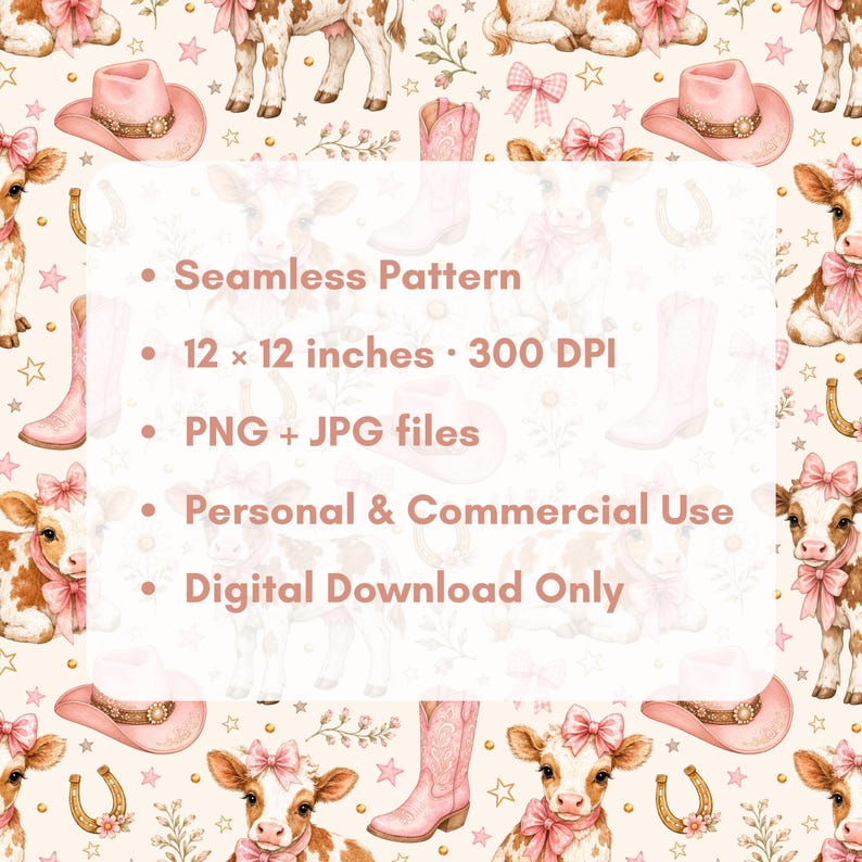 Pink Western Farm Seamless Pattern, Cow Calf Digital Paper, Cowgirl ...