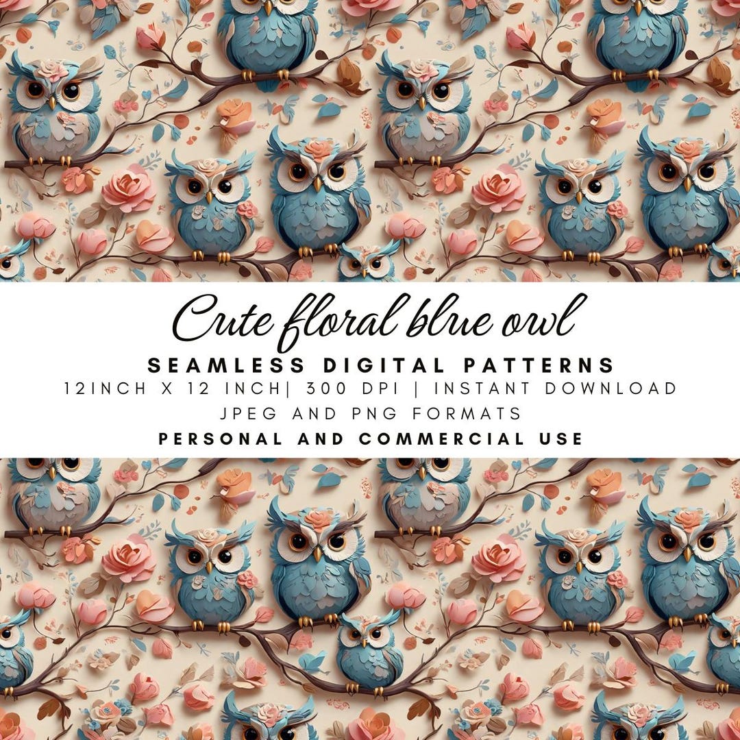 Seamless Owl Pattern, Cute Blue Owl Floral Design, Woodland Animal ...