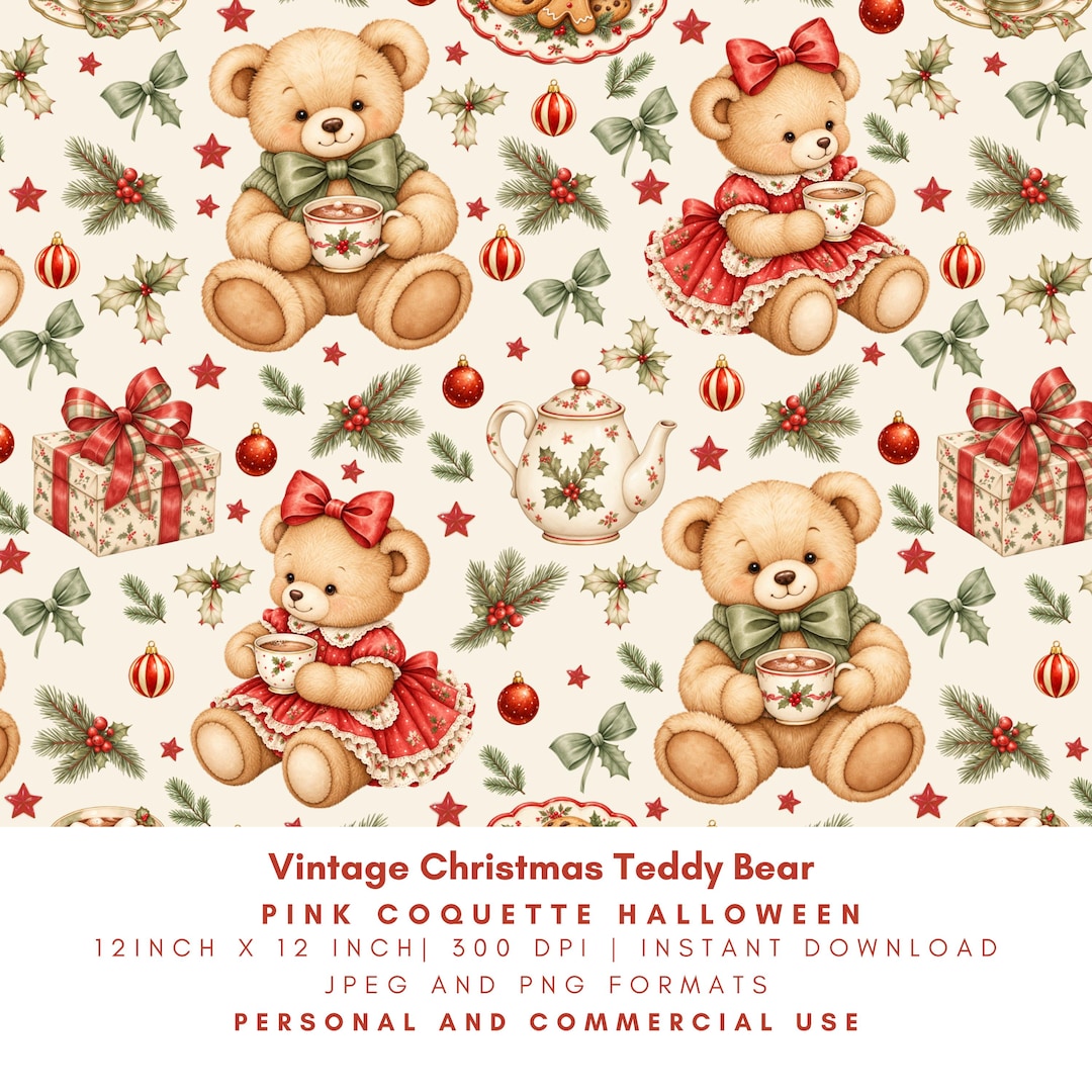 Vintage Christmas Teddy Bear Seamless Pattern, Watercolor Tea Party ...