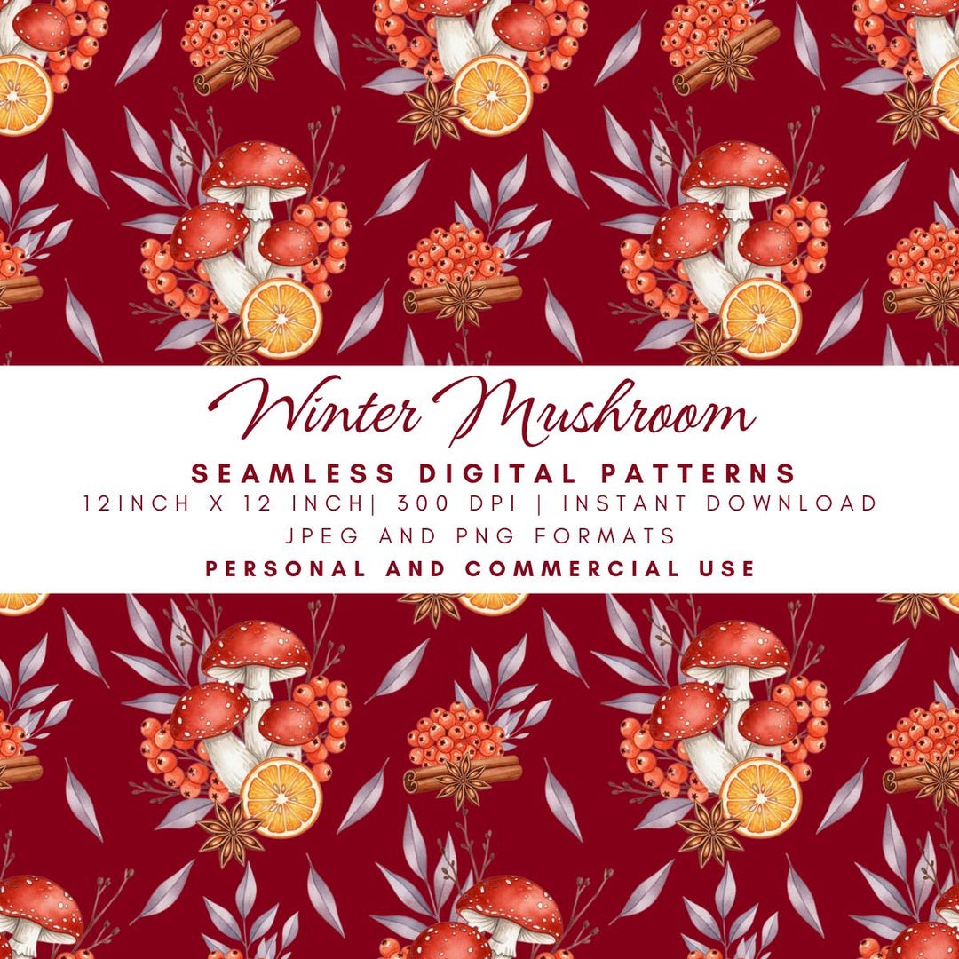 Winter Mushroom Seamless Pattern, Rustic Holiday Seamless File, Yule ...