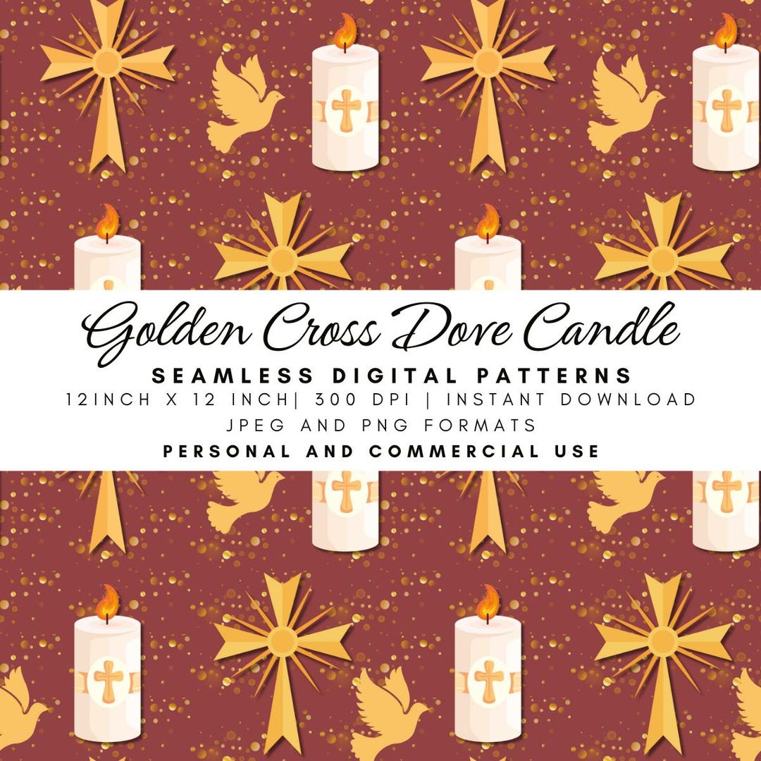 Gold Cross Candle Dove Seamless Pattern, Religious Digital Paper ...
