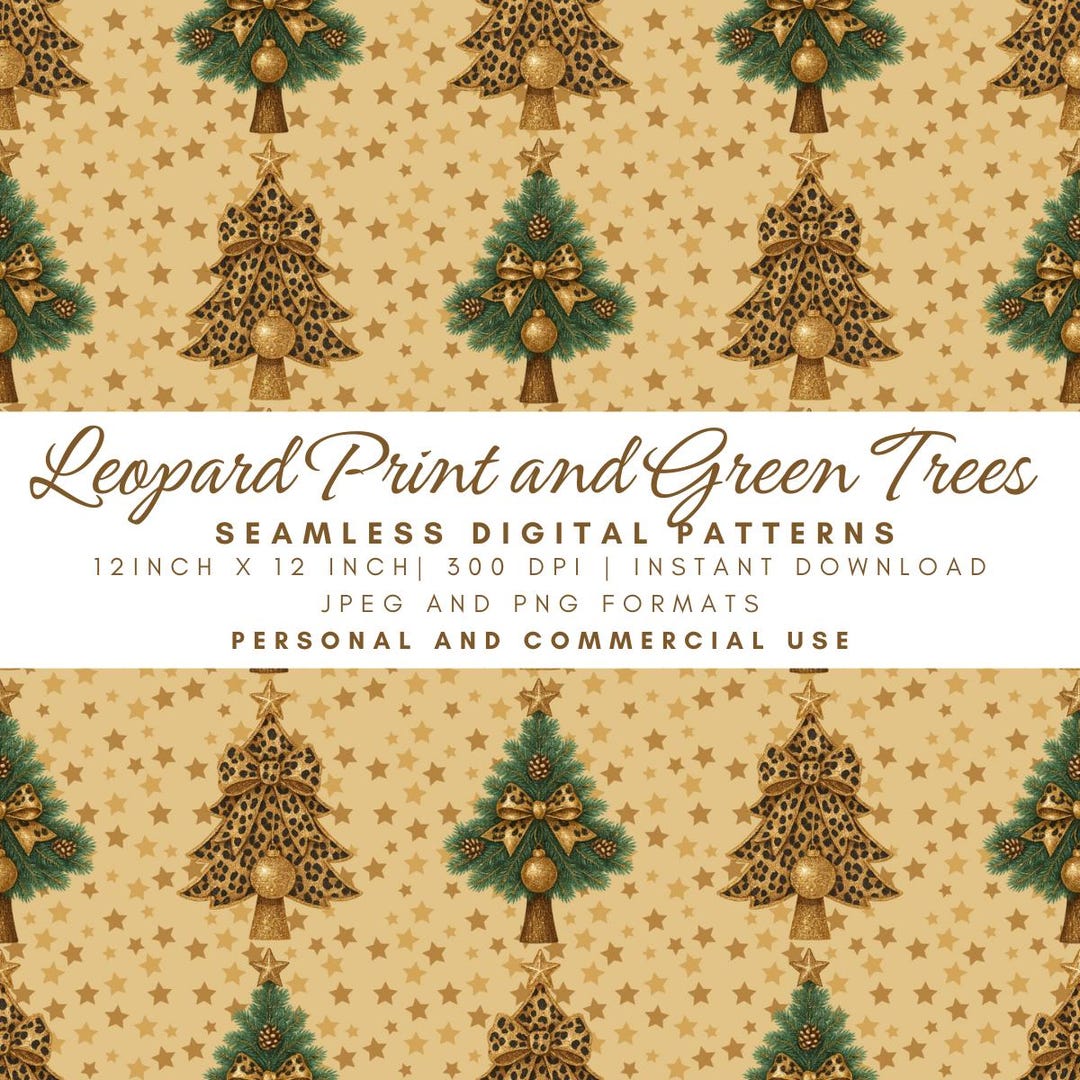 Christmas Seamless Pattern, Leopard Print and Green Trees With Gold ...