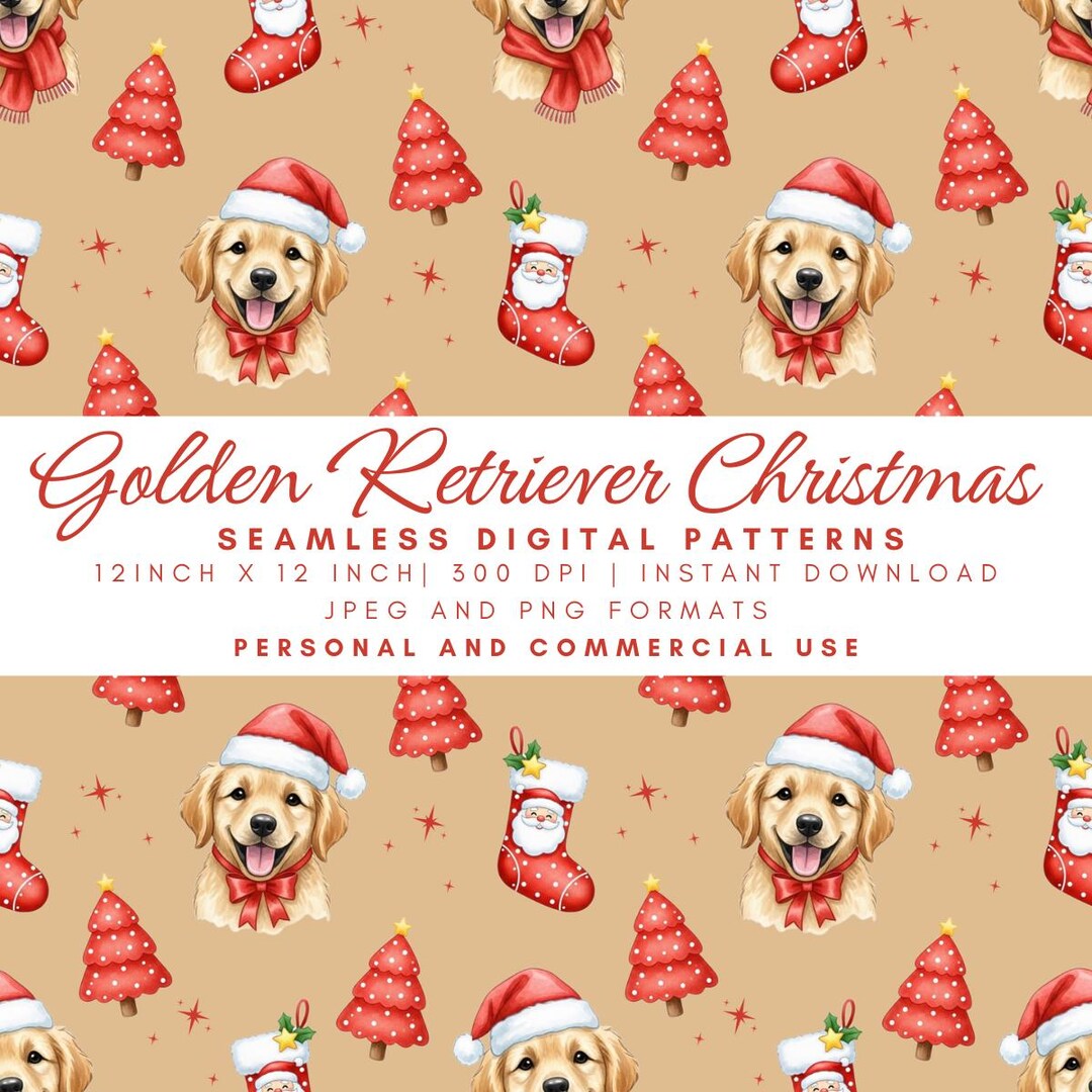 Golden Retriever Christmas Seamless Pattern, Holiday Dog Digital Paper ...