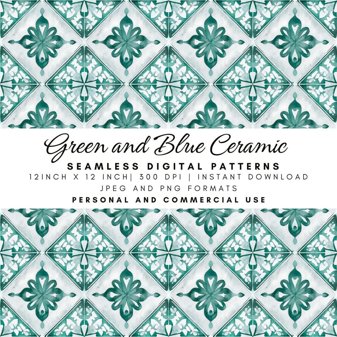 Watercolor Mediterranean Tile Pattern, Seamless Green and Blue Ceramic ...
