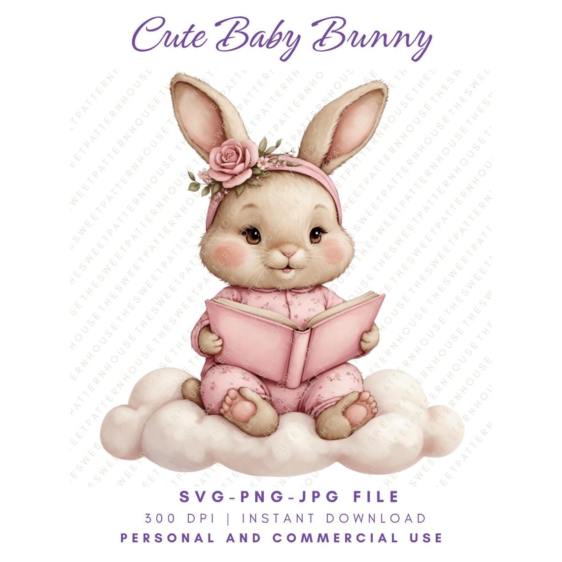 Cute Baby Bunny PNG, Rabbit Reading Book SVG, Nursery Wall Art, Baby ...