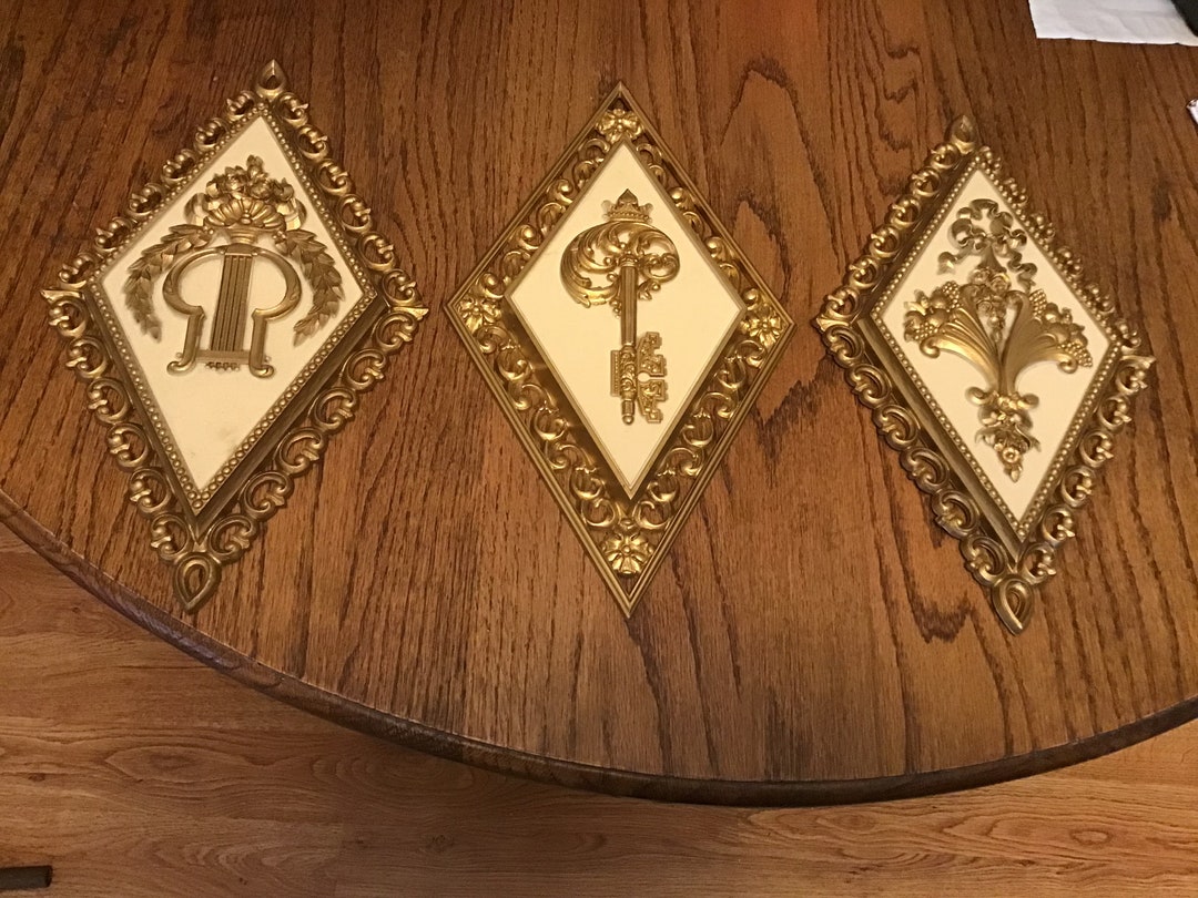 3 Vintage Homco & Syroco Gold Molded Gold and Cream Diamond Shape Wall ...