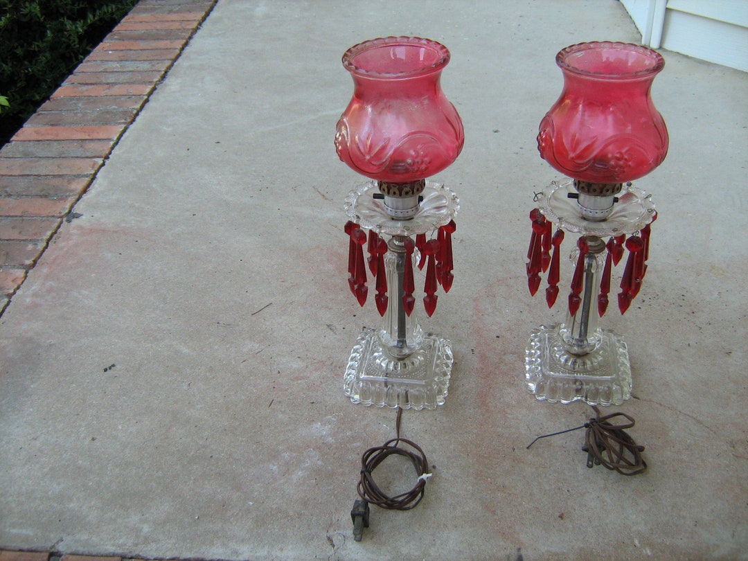 Pair Vintage Red Globe W/ Red Prisms and Clear Glass Base Lamps - Etsy