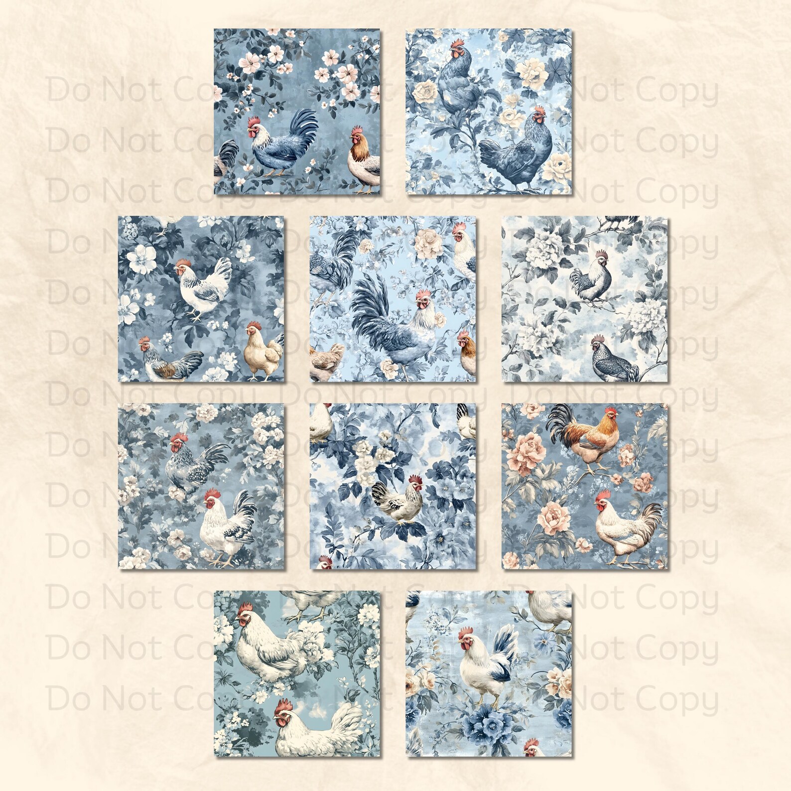 Blue Toile Chickens Digital Paper Pack, Toile De Jouy, 10 Seamless ...