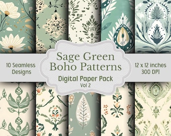 Sage Green Boho Patterns Digital Paper Pack, Boho Floral Patterns, 10 ...