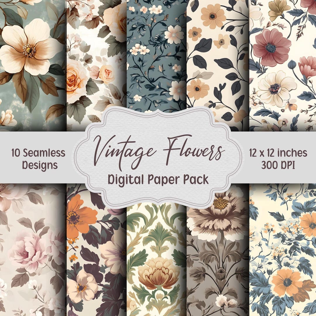 Vintage Flowers Digital Paper Pack, Floral Digital Paper, 10 Seamless ...