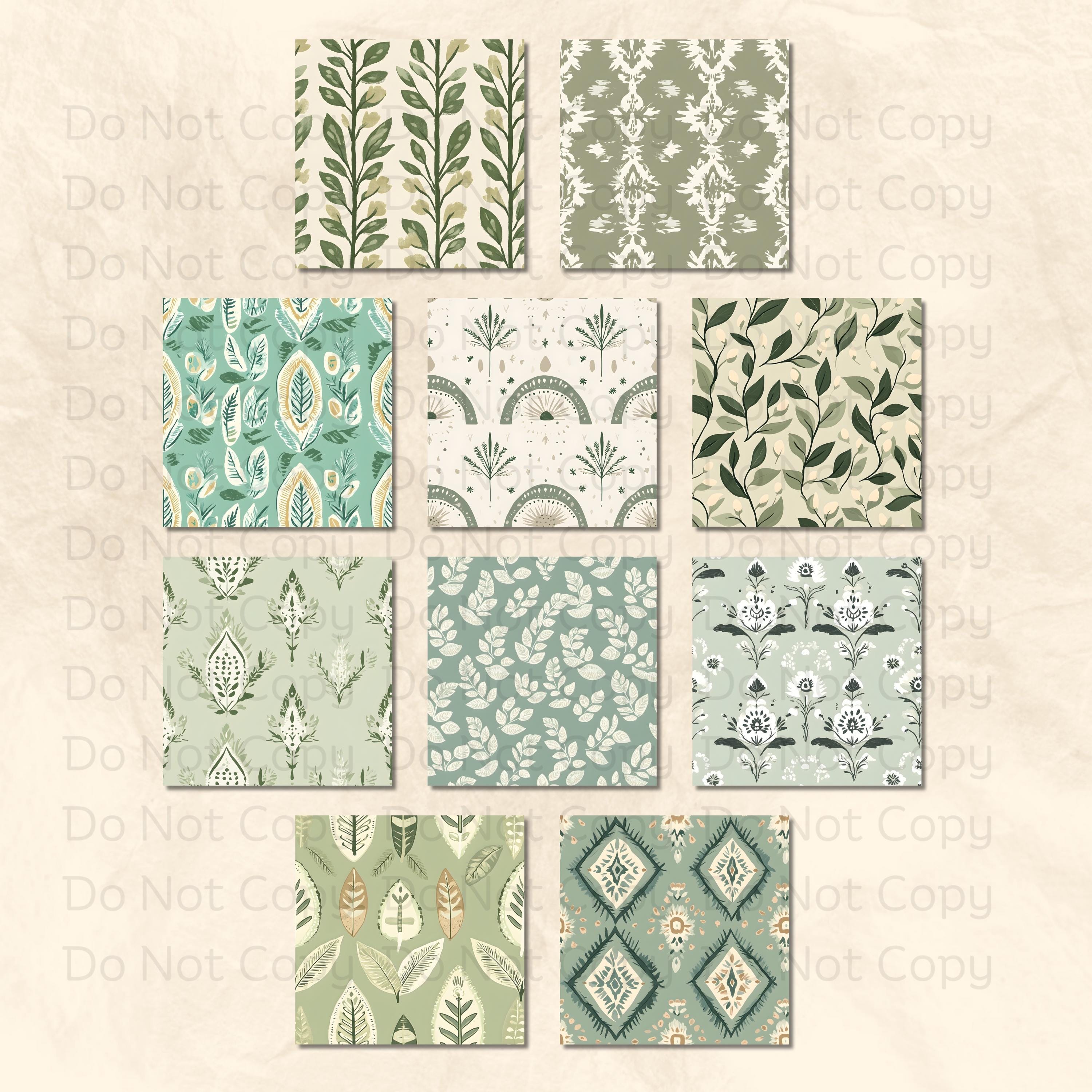 Sage Green Boho Patterns Digital Paper Pack, Boho Floral Patterns, 10 ...