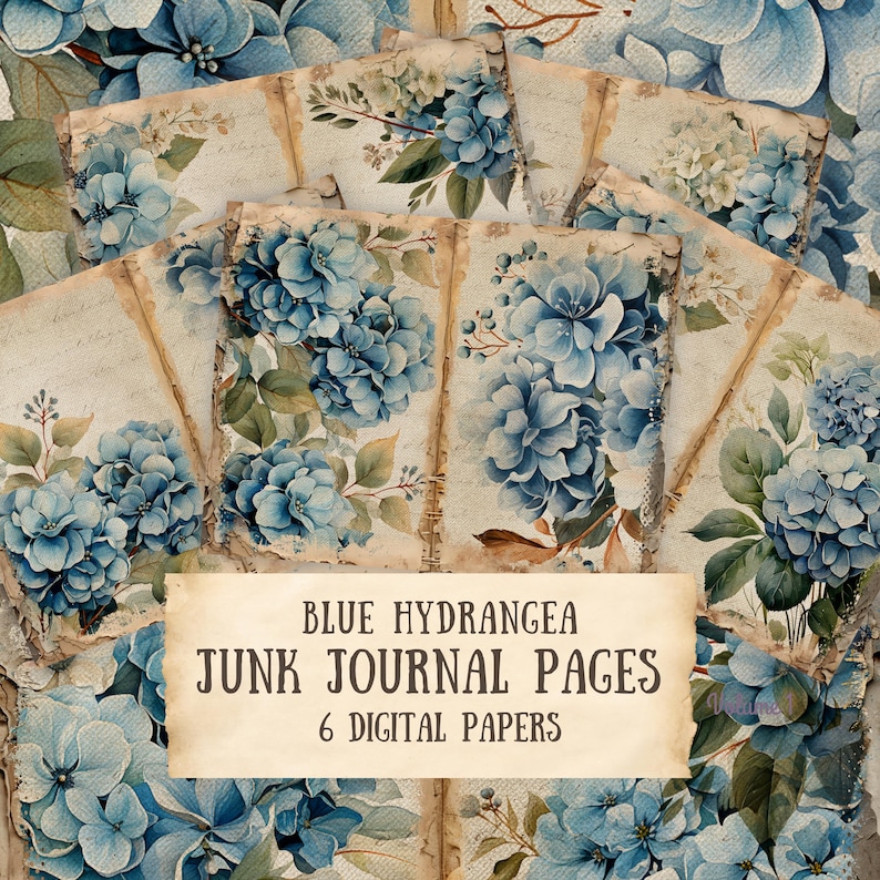 Blue Hydrangea Junk Journal Printable Pages, Floral Junk Journal Inserts, Vintage Digital Papers ...