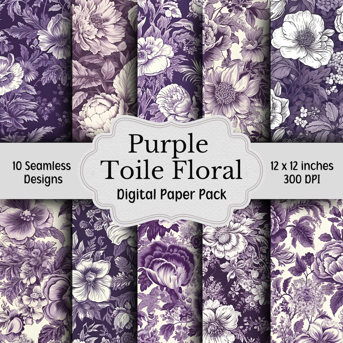 Purple Toile Floral Digital Paper Pack, Toile De Jouy, 10 Seamless ...