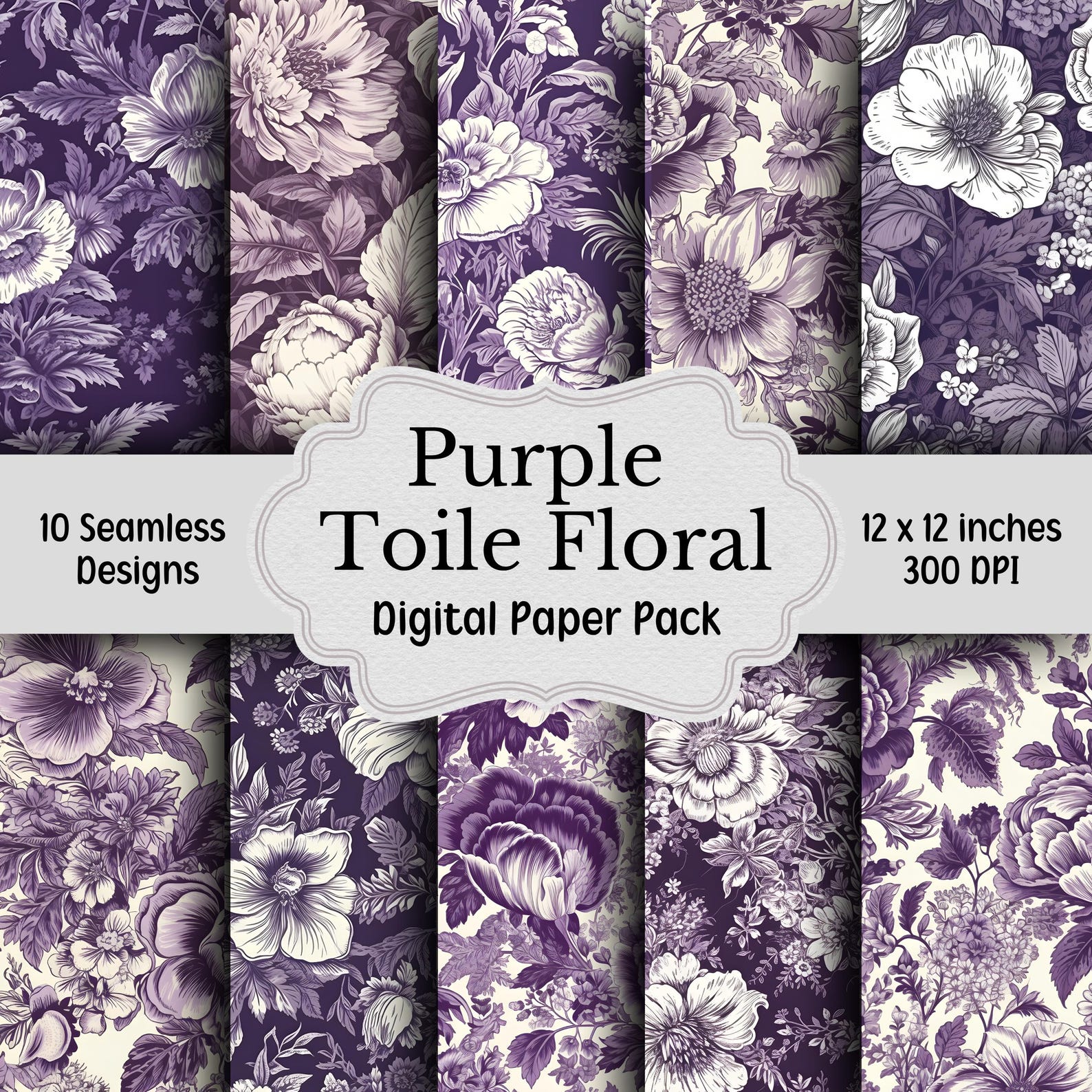 Purple Toile Floral Digital Paper Pack, Toile De Jouy, 10 Seamless ...