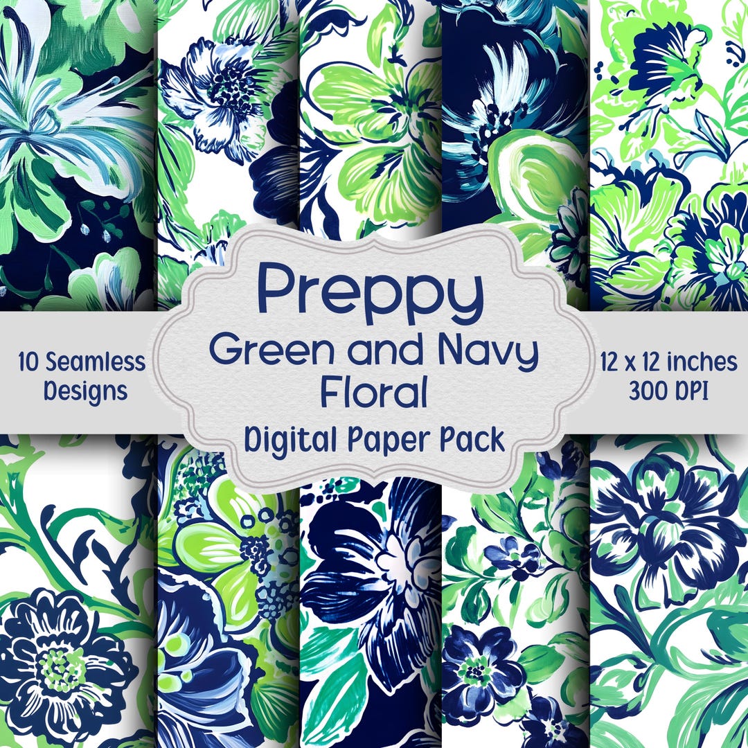 Preppy Green and Navy Digital Paper Bundle, 10 Seamless Designs, Junk ...