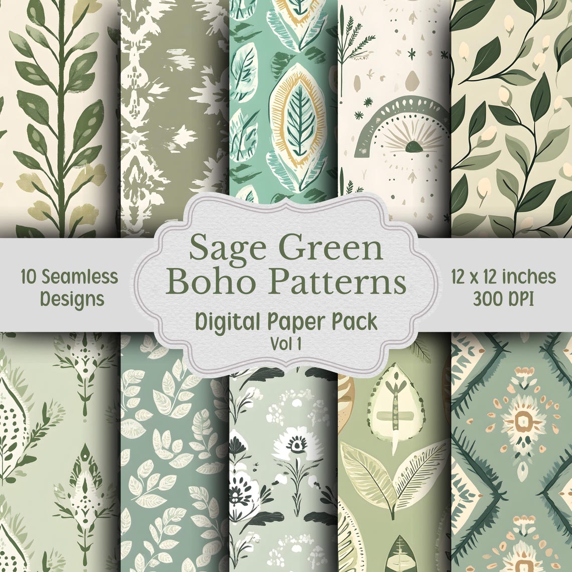 Sage Green Boho Patterns Digital Paper Pack, Boho Floral Patterns, 10 ...