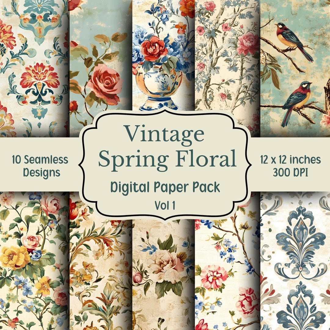 Vintage Spring Floral Digital Paper Pack, 10 Seamless Patterns, Floral ...