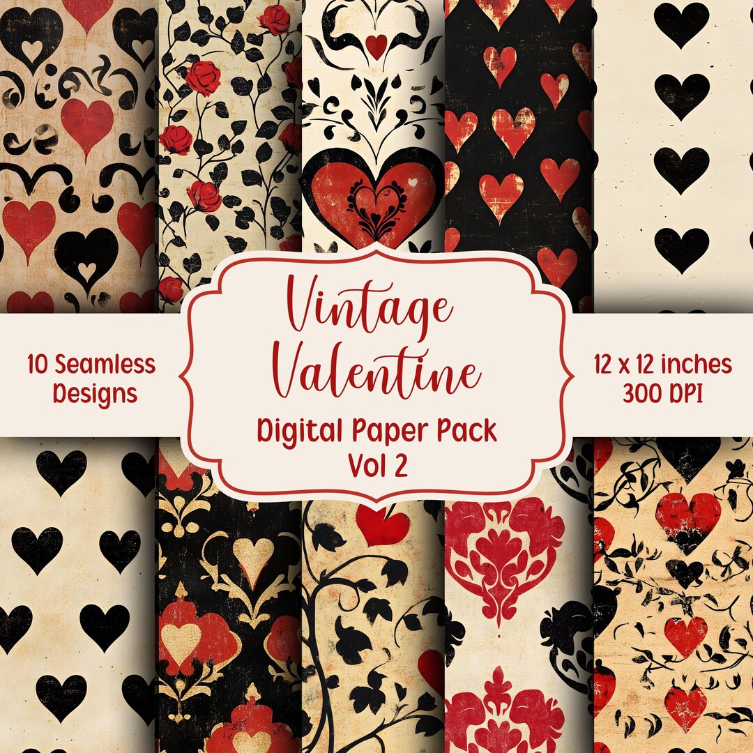 Vintage Valentine Digital Paper Pack, 10 Seamless Patterns, Shabby Chic ...