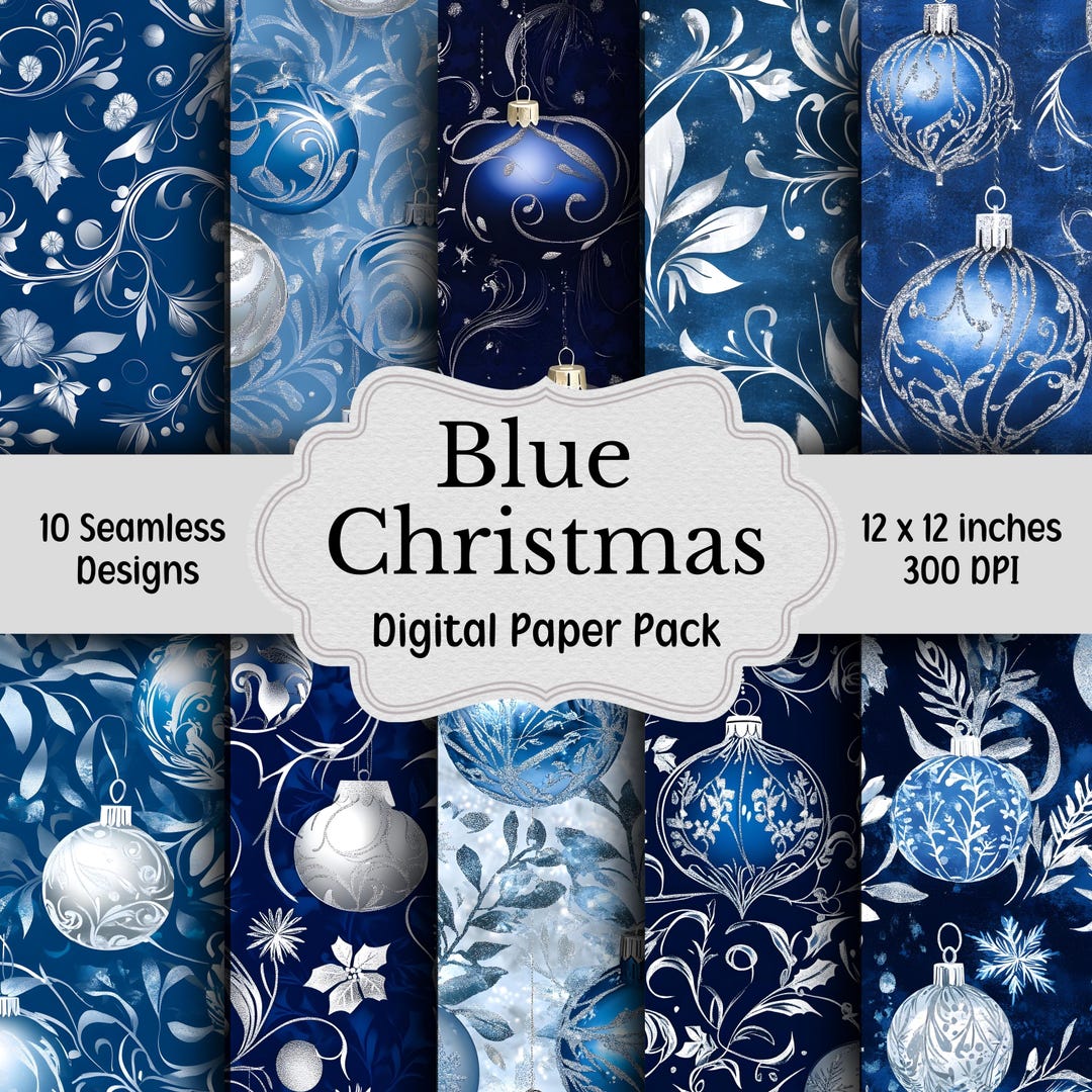 Blue and Silver Christmas Digital Paper Bundle, 10 Seamless Patterns ...