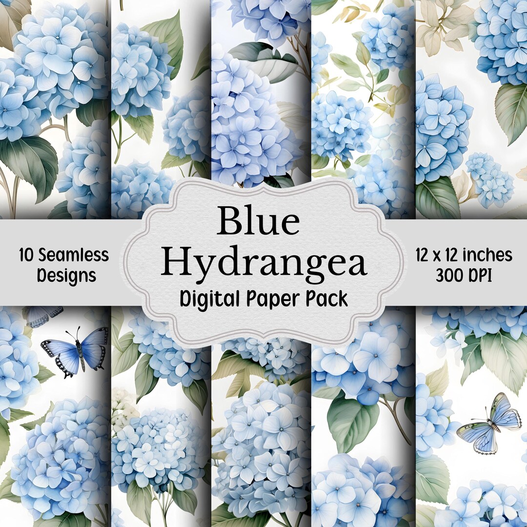 Blue Hydrangea Floral Digital Paper Pack, 10 Seamless Patterns, Blue ...