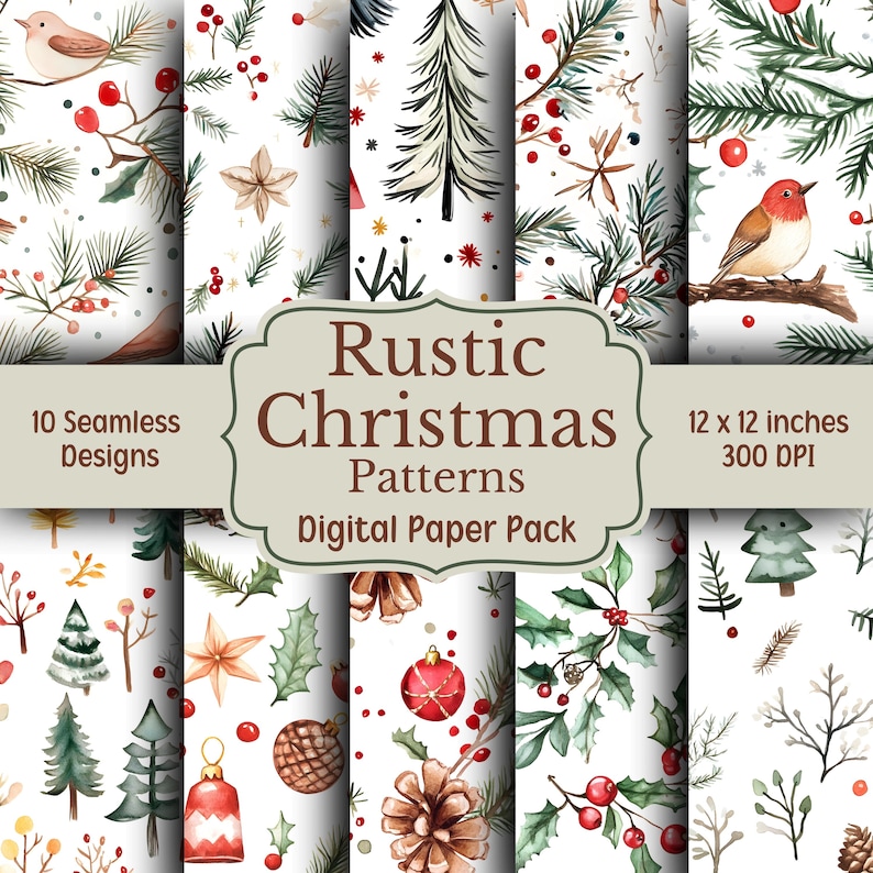 Rustic Christmas Digital Paper Bundle, 10 Seamless Designs, Christmas ...