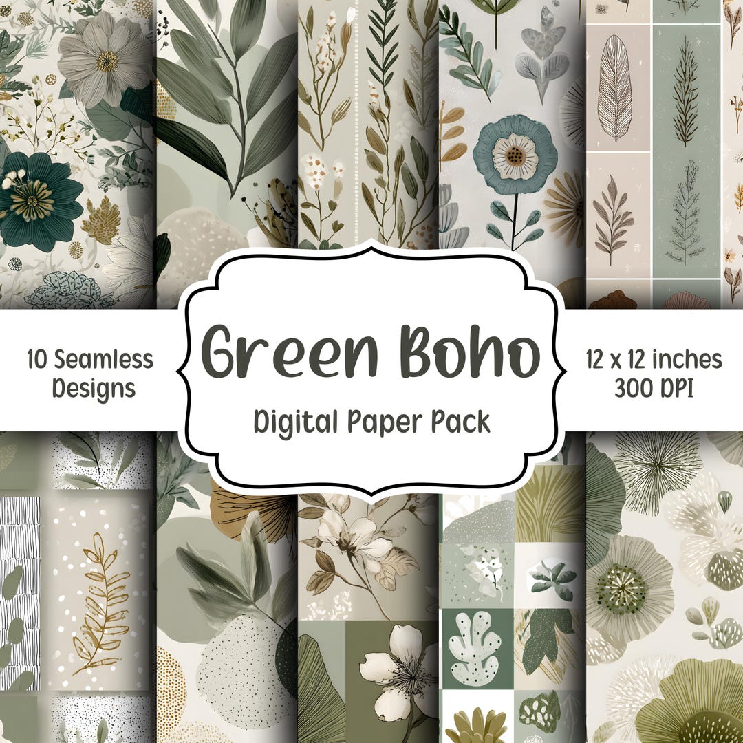 Sage Green Boho Digital Paper Pack, 10 Seamless Patterns, Green Floral ...