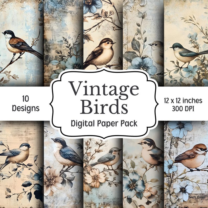 Vintage Birds Digital Paper Pack, Antique Birds Digital Paper ...