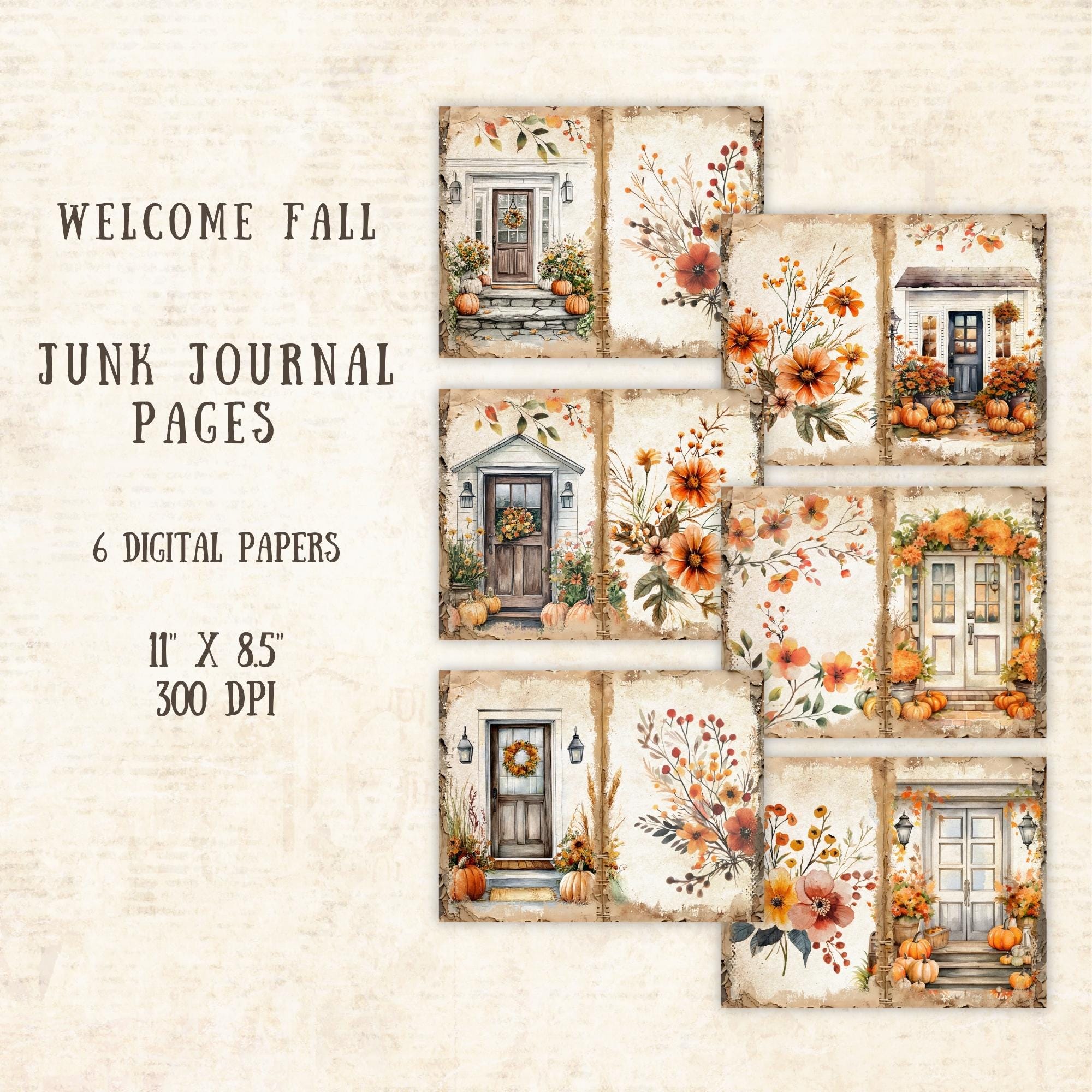 Fall Junk Journal Printable Pages, Autumn Doors Junk Journal Pages, 6 ...