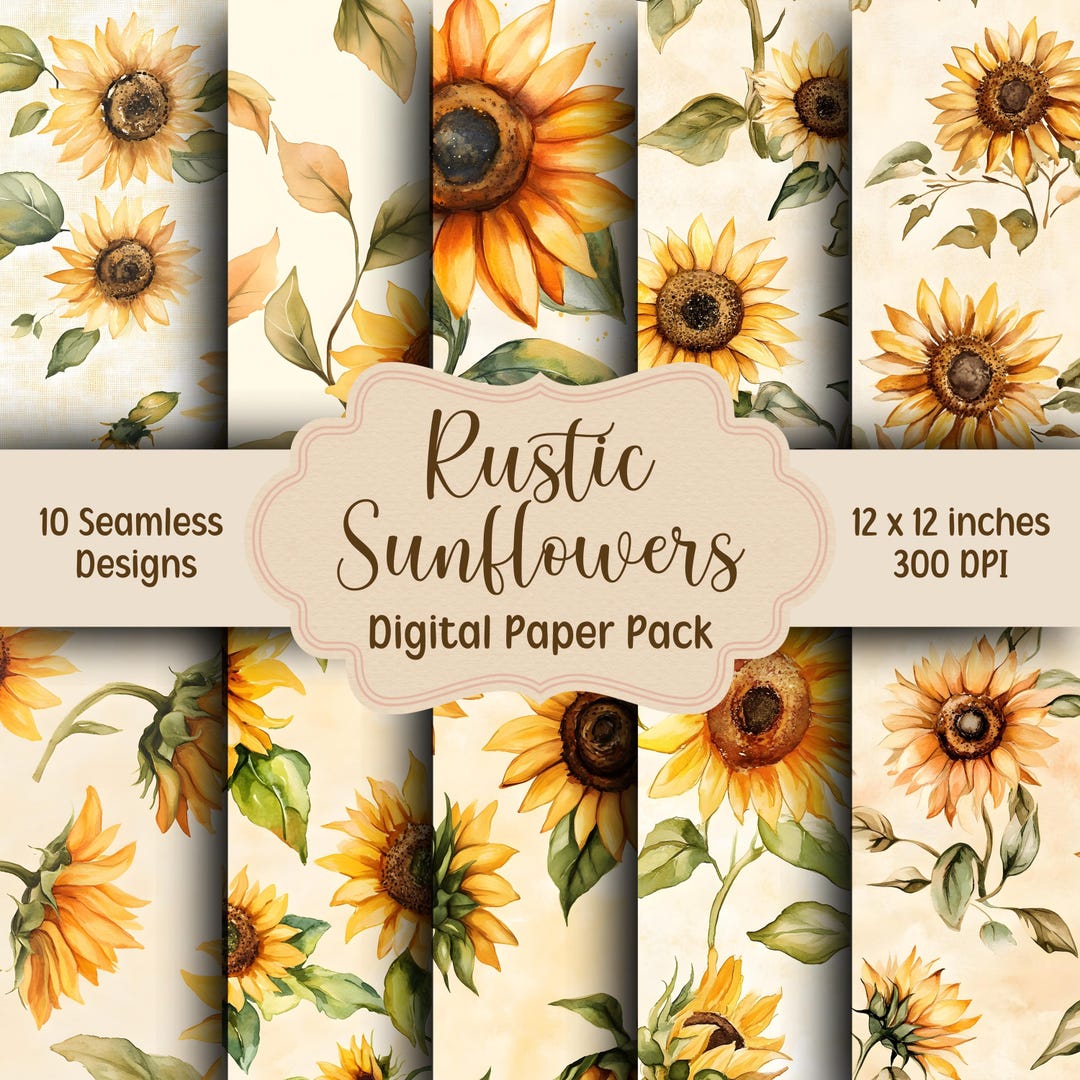 Rustic Sunflowers Digital Paper Pack, Floral Digital Paper, 10 Seamless ...
