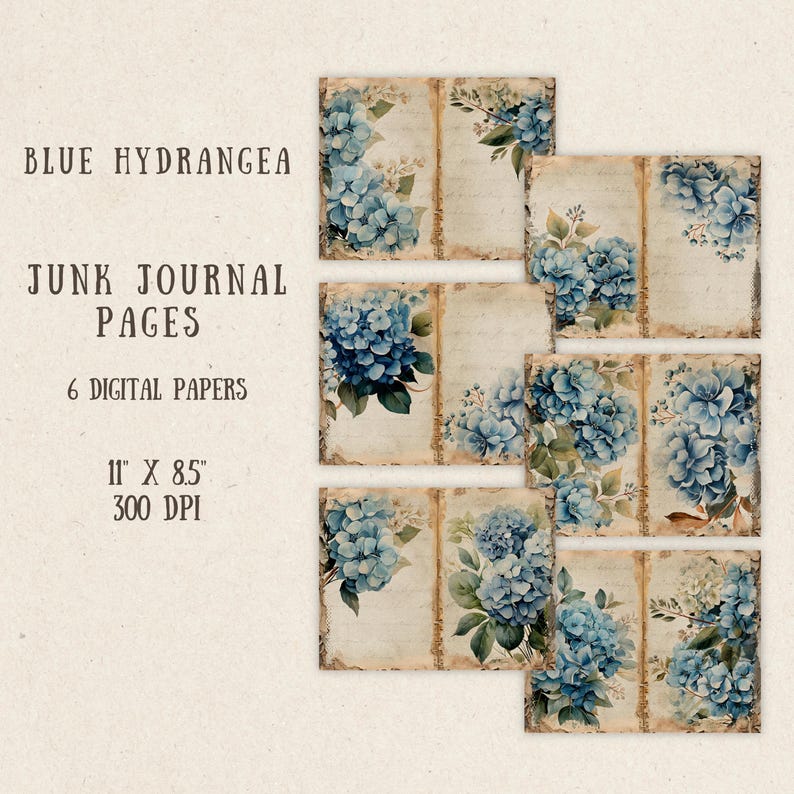 Blue Hydrangea Junk Journal Printable Pages, Floral Junk Journal Inserts, Vintage Digital Papers ...
