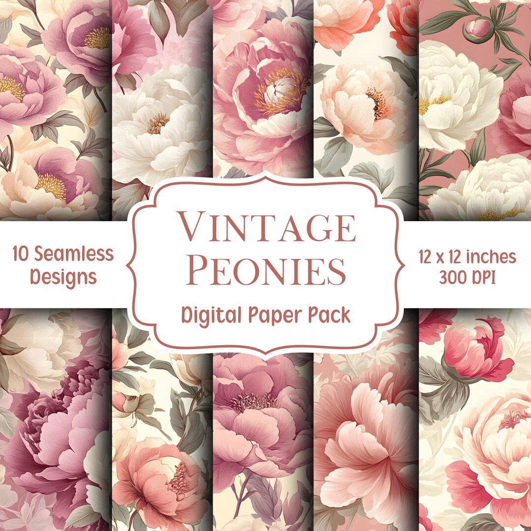 Vintage Peonies Digital Paper Pack, Floral Digital Paper, 10 Seamless ...