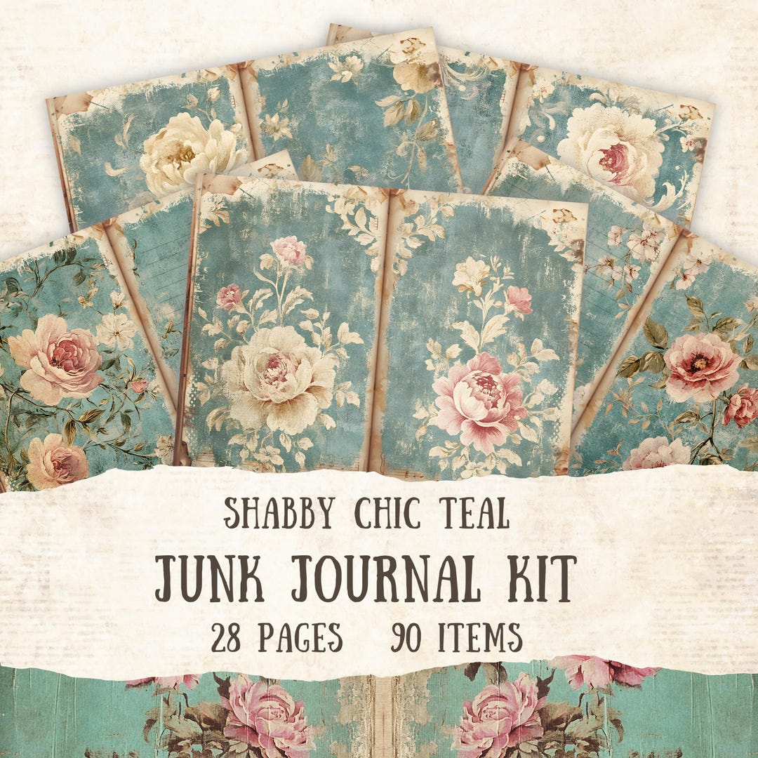 Junk Journal Kit, Shabby Chic Teal Floral Printable Pages, Mega Kit ...