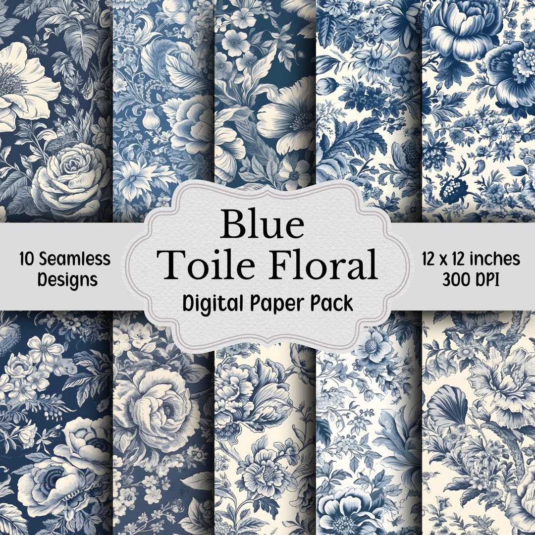 Blue Toile Floral Digital Paper Pack, Toile De Jouy, 10 Seamless ...