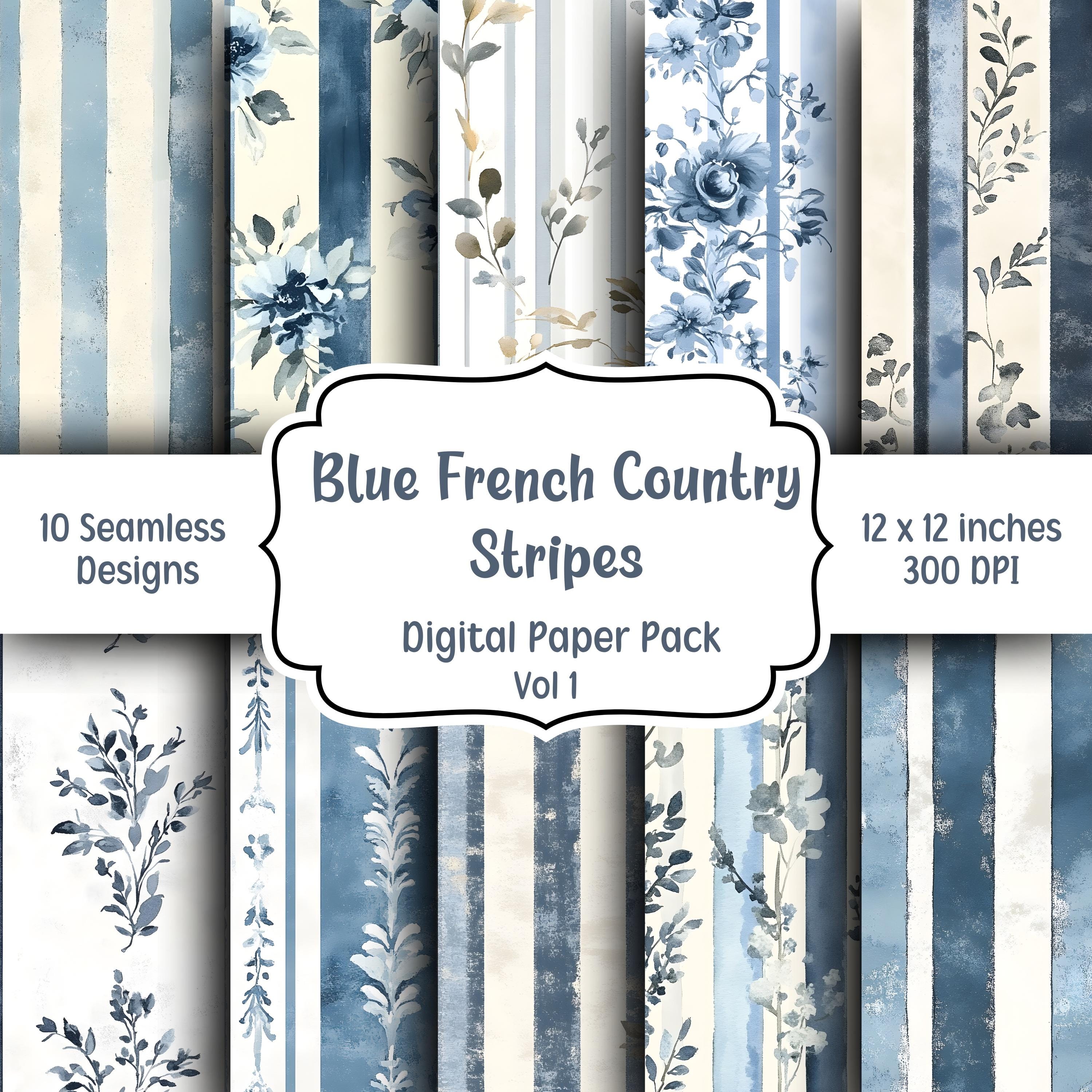 Blue French Country Stripes Digital Paper Pack, 10 Seamless Patterns ...