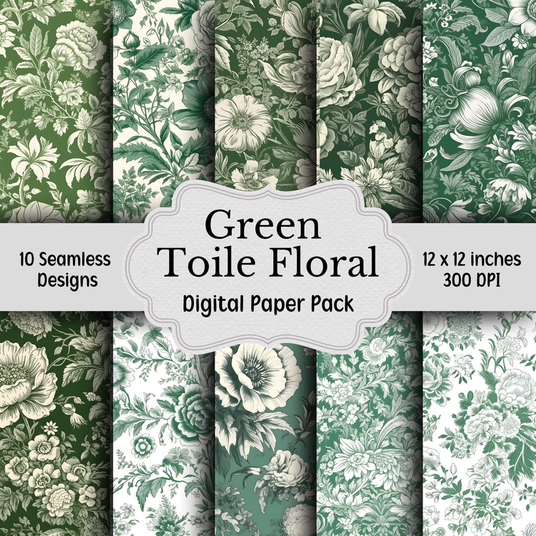 Green Toile Floral Digital Paper Pack, Toile De Jouy, 10 Seamless ...