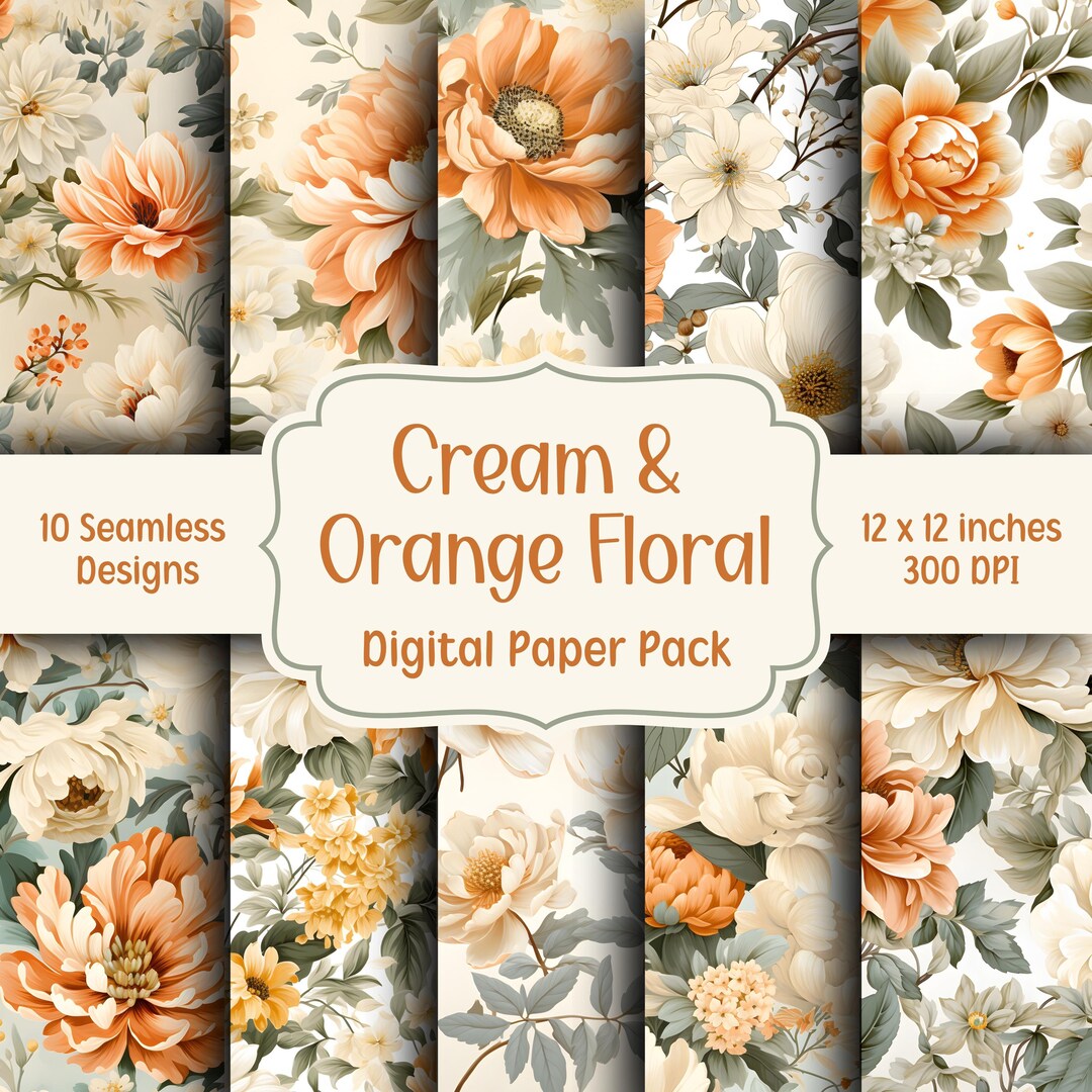 Cream & Orange Floral Digital Paper Pack, Floral Digital Paper, 10 ...