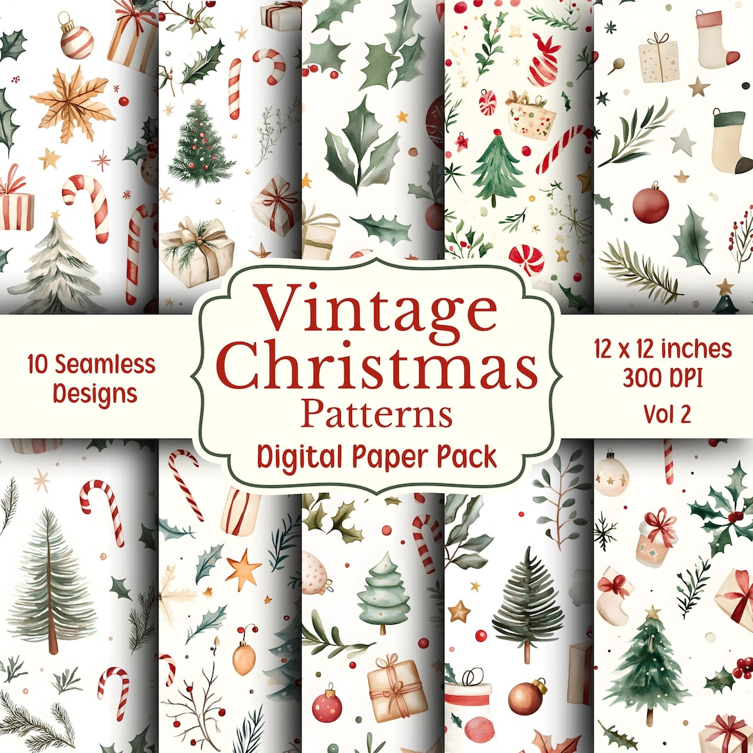 Vintage Christmas Digital Paper Bundle, 10 Seamless Designs, Christmas ...