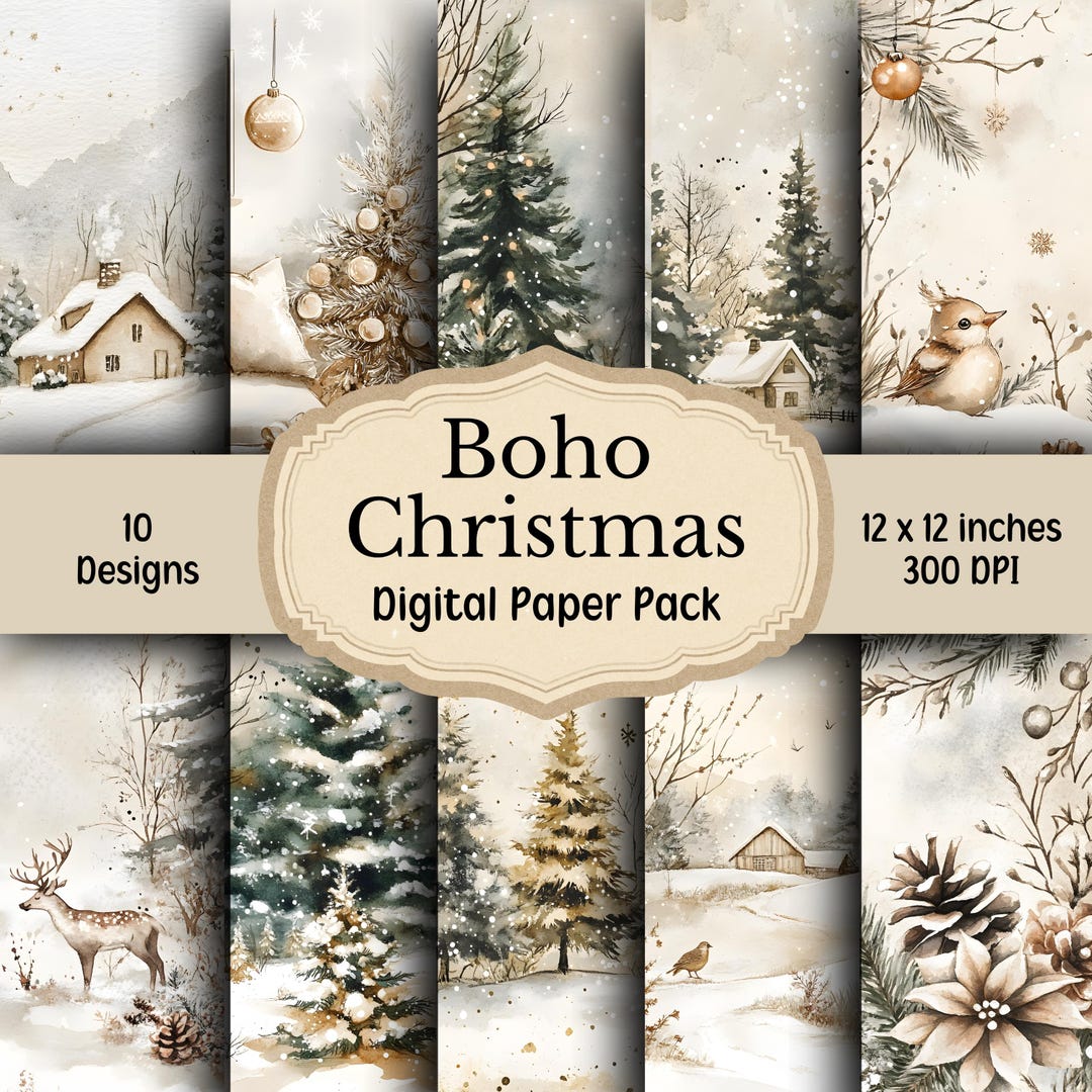 Boho Christmas Digital Paper Bundle, 10 Designs, Junk Journal Paper ...
