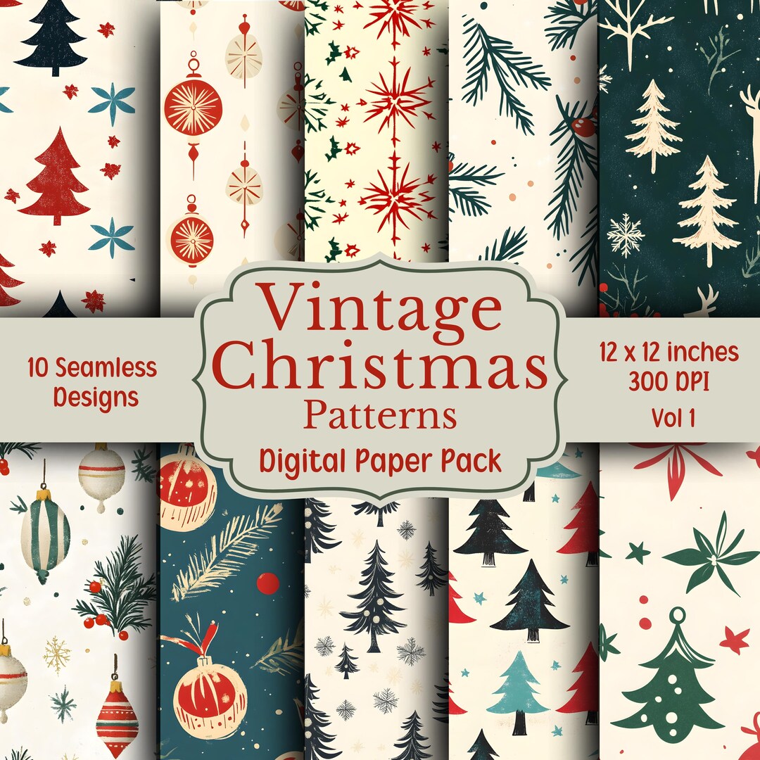 Vintage Christmas Digital Paper Bundle, 10 Seamless Designs, Christmas ...