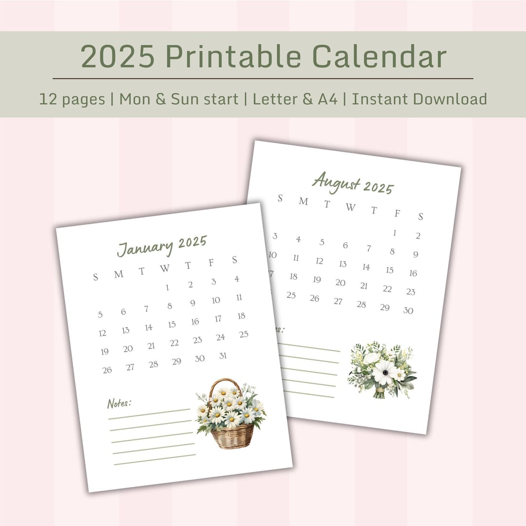 2025 Printable Calendar | Daisy Theme Monthly Printable Calendar ...