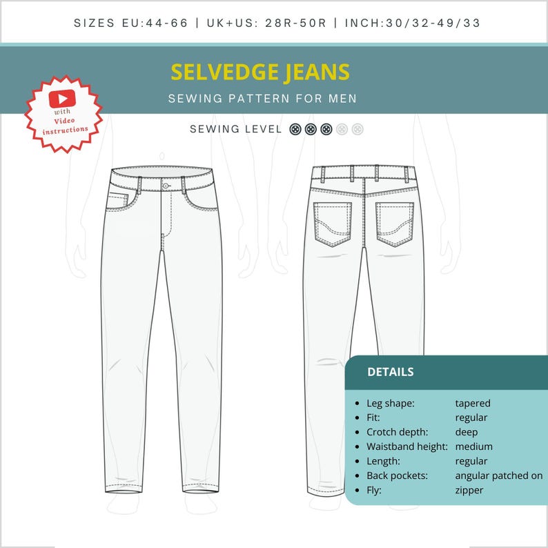 Selvedge Jeans Sewing Pattern for Men, Us-size 28R-50R, Tapered Fit - Etsy