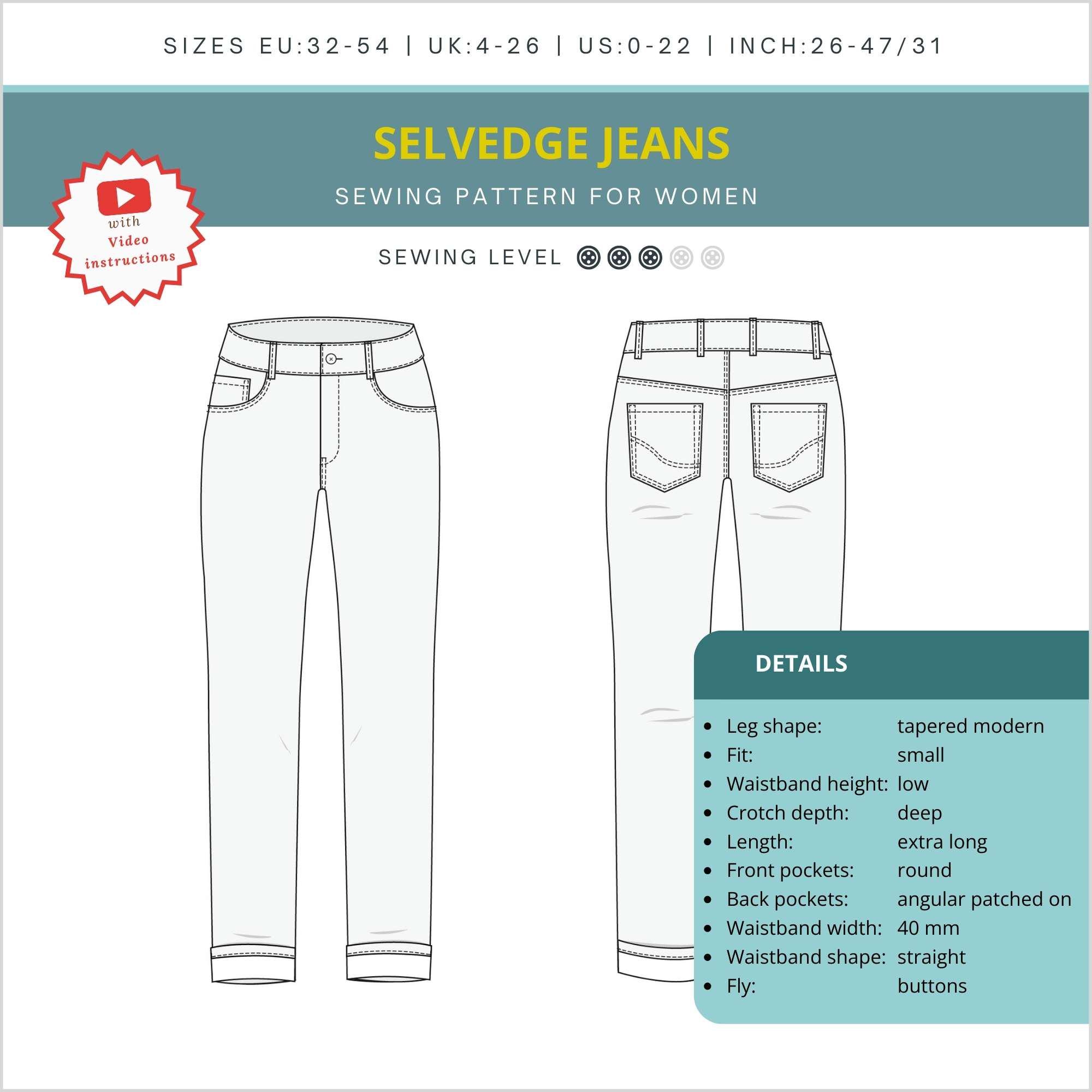 Selvedge Jeans Sewing Pattern for Women, Us-size 0-22, Tapered Fit - Etsy