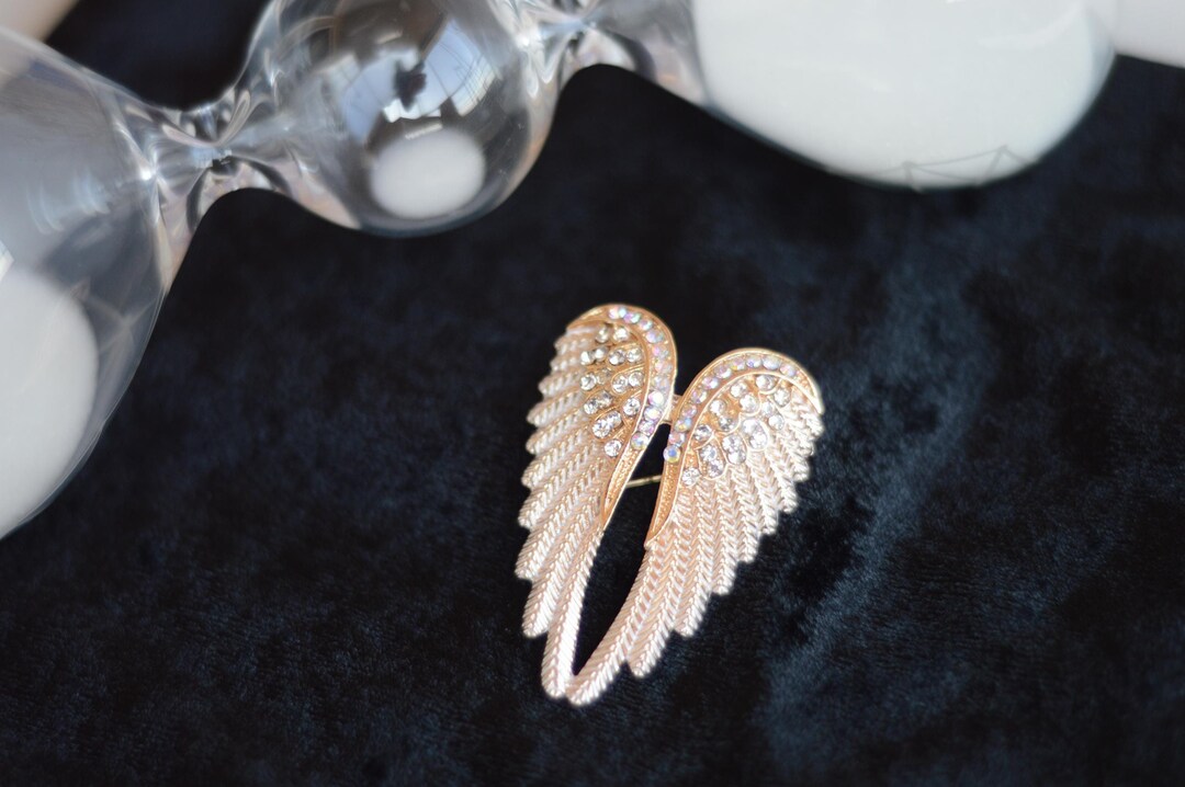 Golden Angel Wing Brooch With Sparkling Crystals, Vintage-inspired Pin ...