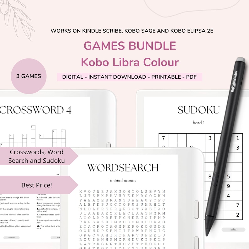 Kobo Libra Colour Game Bundle: Word Search, Crossword, Sudoku (PDF) - Etsy